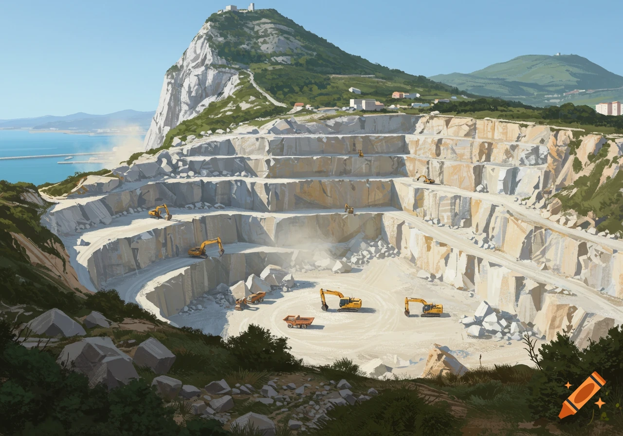 A digital painting of a large quarry cut into a mountain by the sea ...
