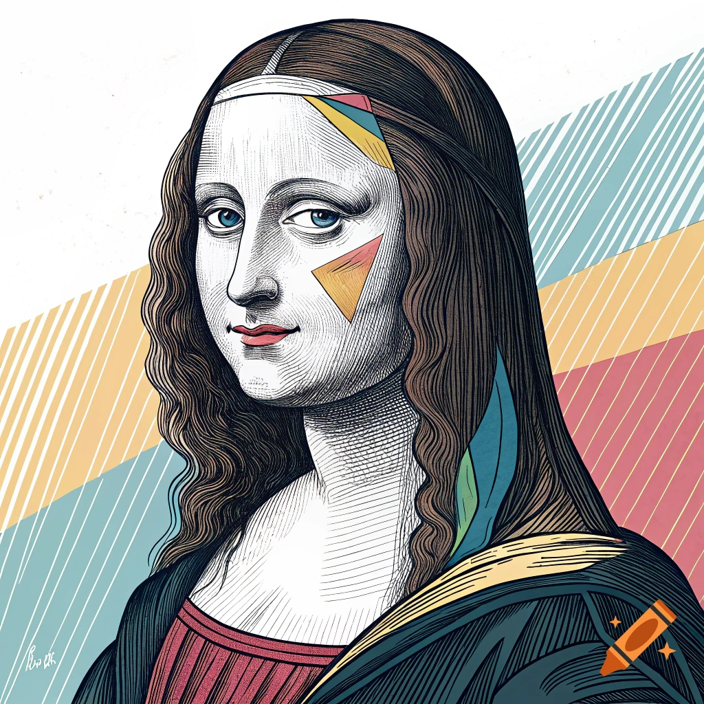 Portrait of Mona Lisa in an engraved drawing style with geometric ...