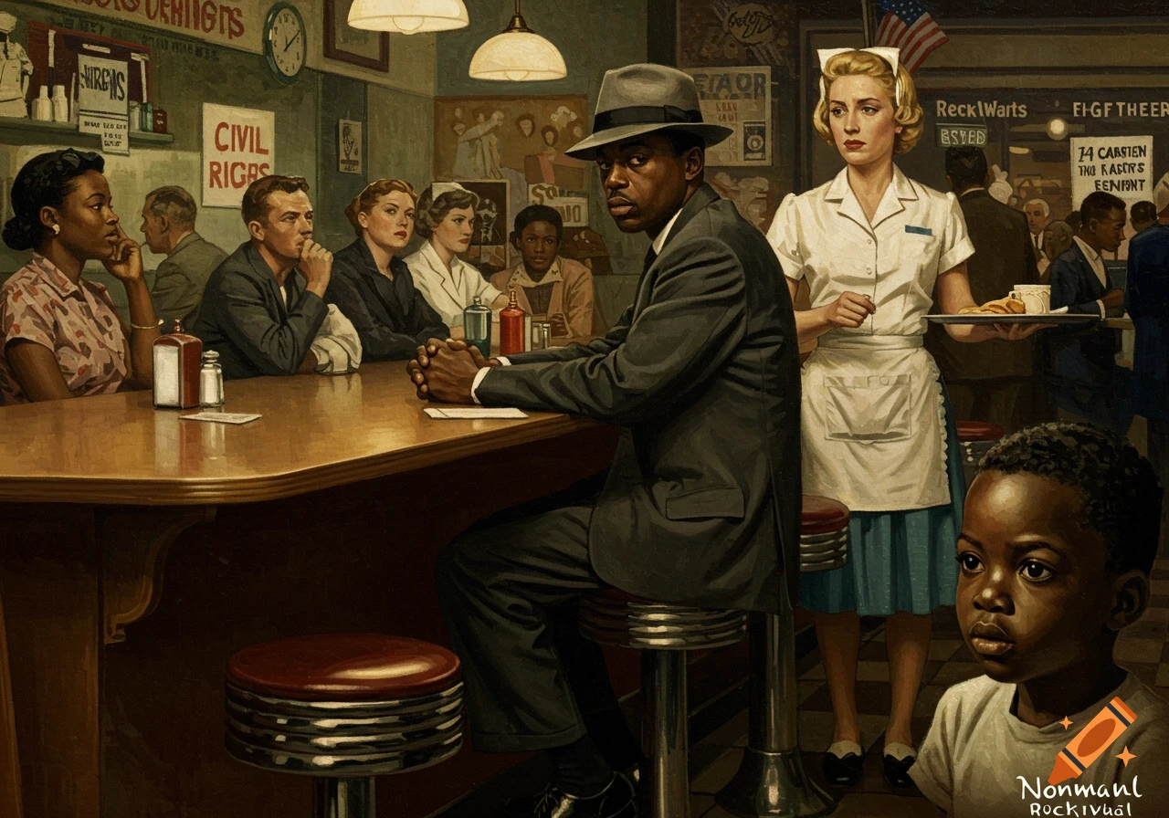 Painting of people in a 1960s diner, depicting a civil rights theme. on ...
