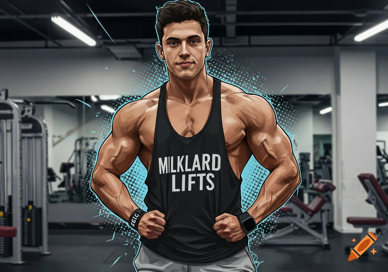 Stylized illustration of a muscular man in a tank top in a gym. on Craiyon