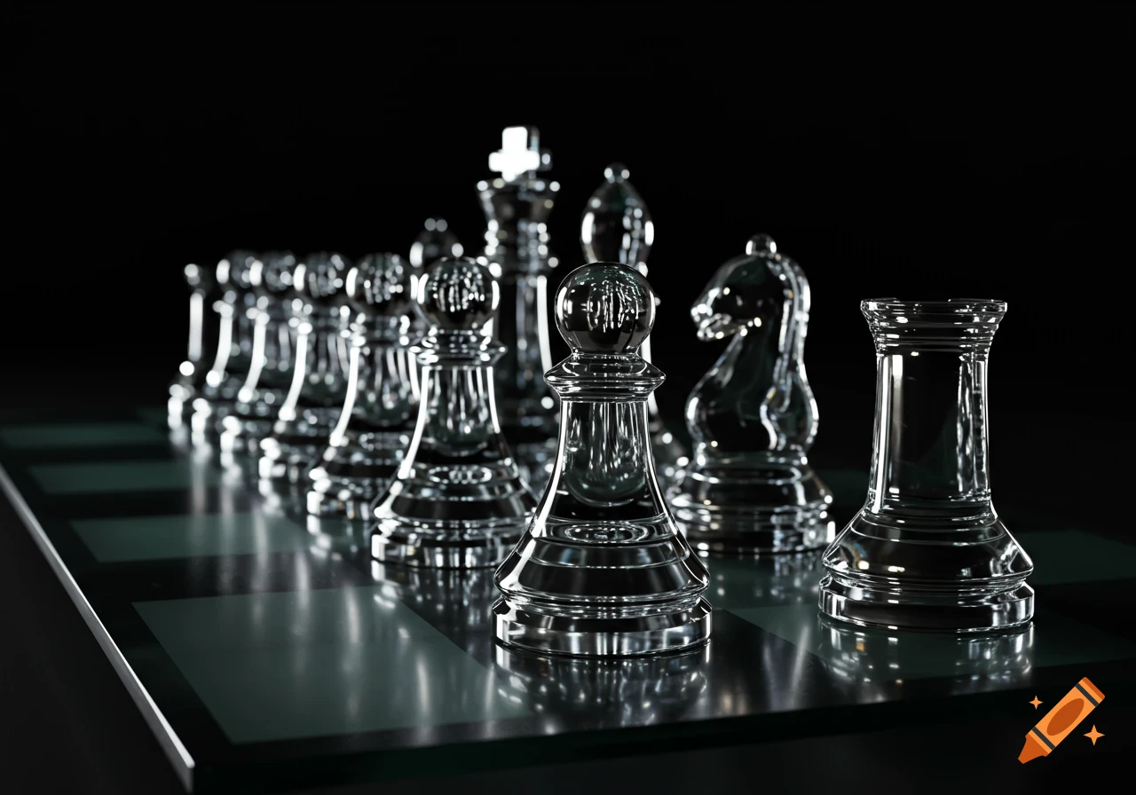 Close-up of clear glass chess pieces on a reflective board. on Craiyon