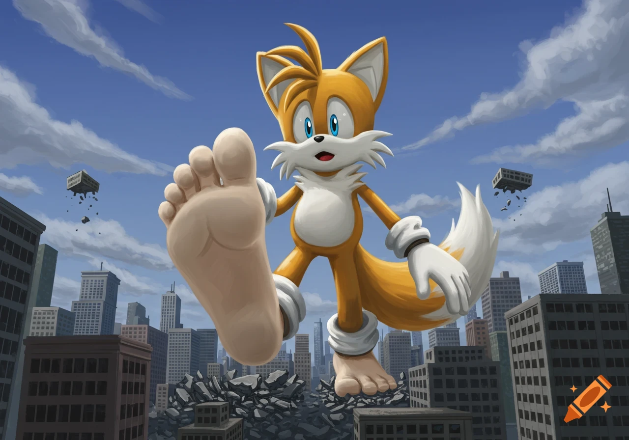 Giant Tails the Fox crushes a city with his bare foot. on Craiyon