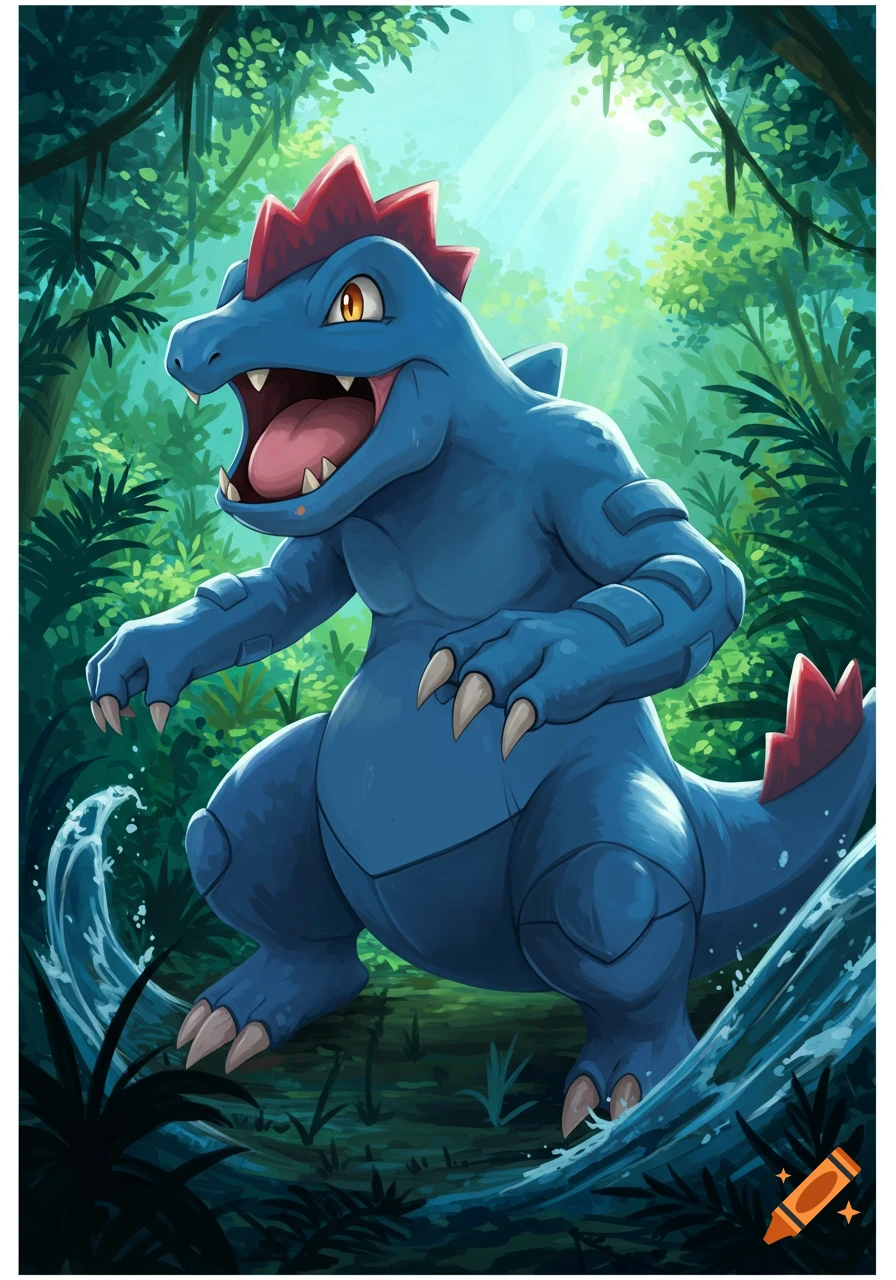 Blue crocodile-like Pokemon in a jungle with water, stylized art. on ...
