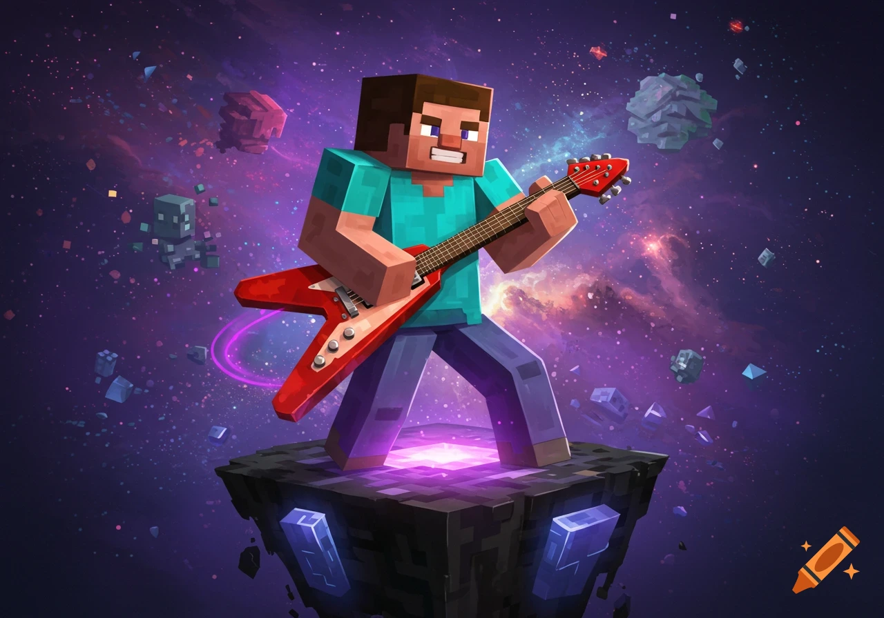 Minecraft Steve playing a red Flying V guitar in space. on Craiyon
