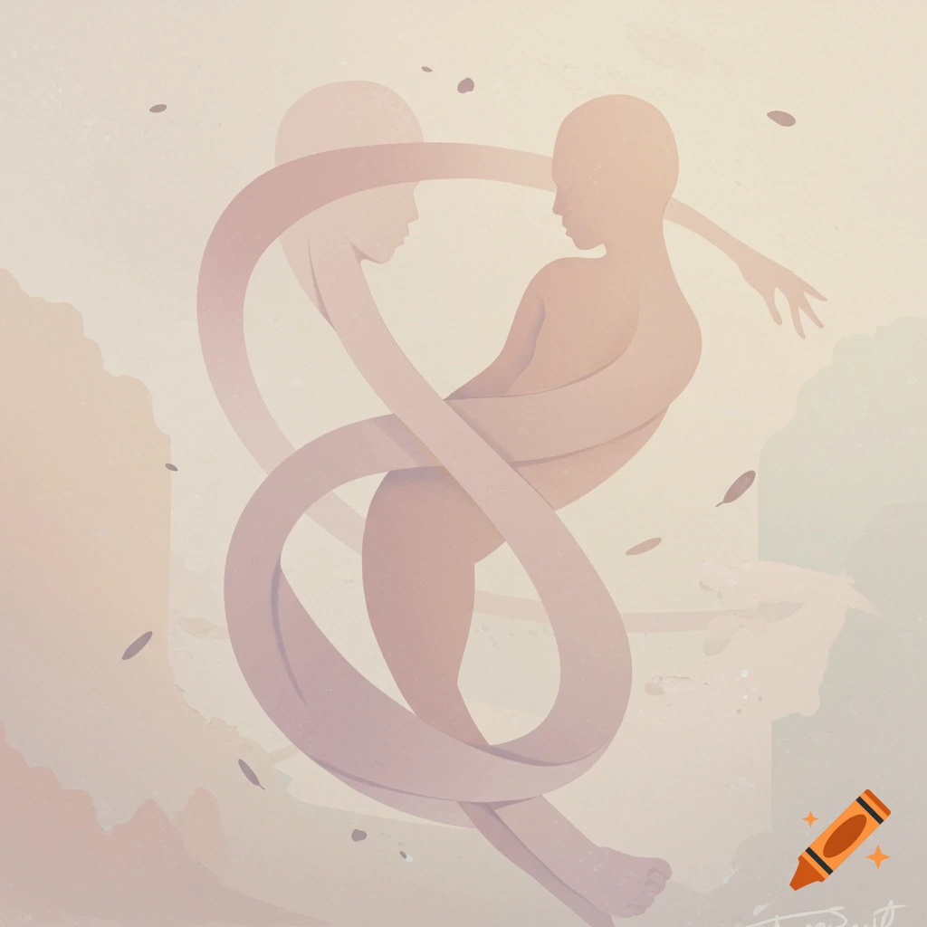 Stylized pastel illustration of two intertwined abstract figures with a ...