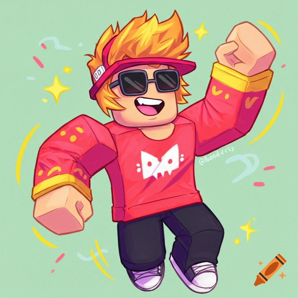 Cartoon drawing of a jumping Roblox avatar in a red shirt, visor, and ...