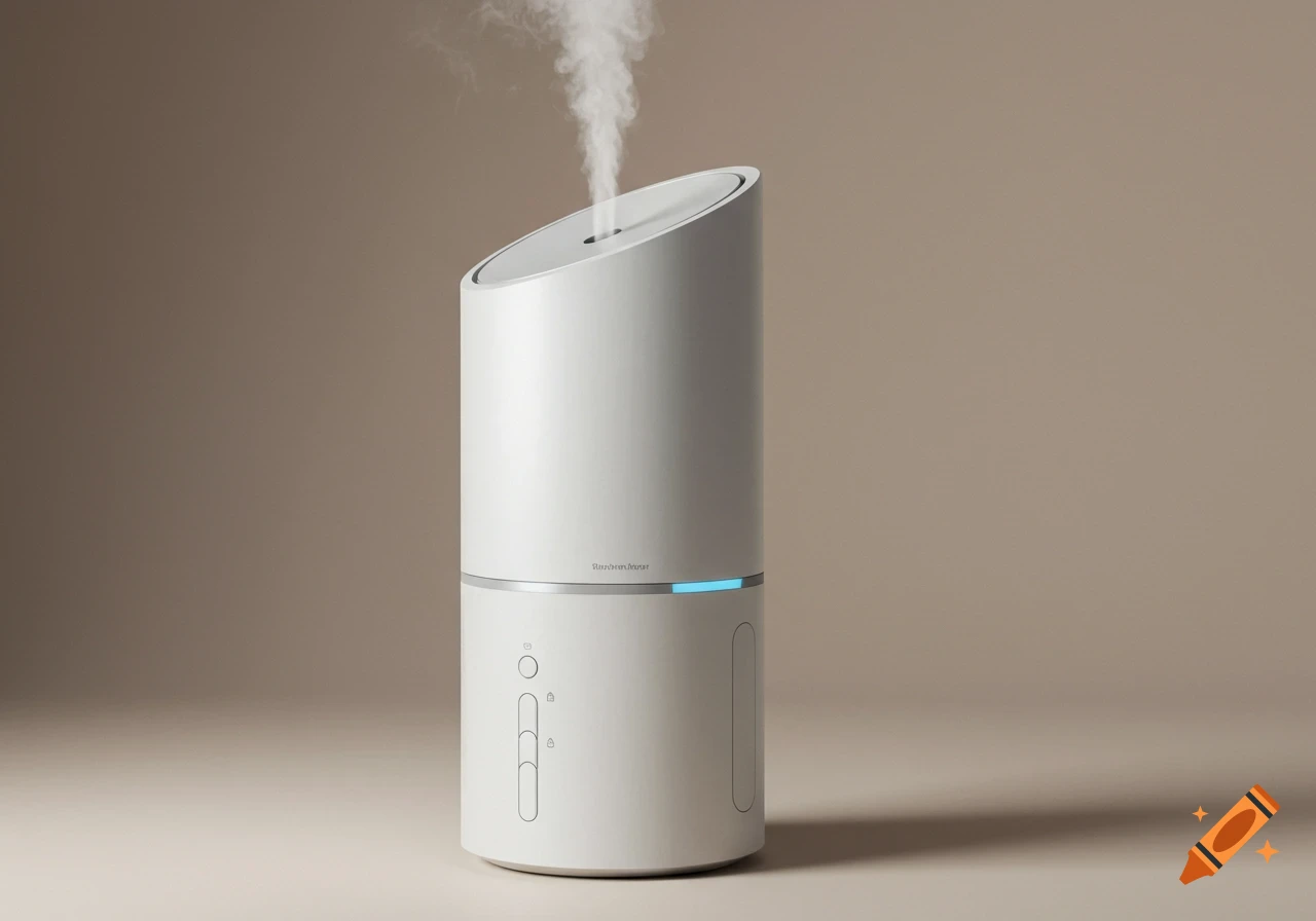 A photorealistic close-up of a white humidifier with steam and a blue ...