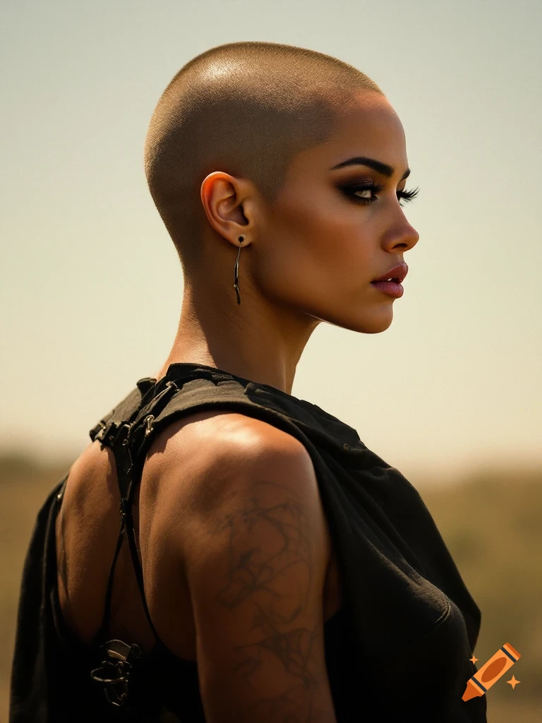 Profile portrait of a woman with a shaved head, wearing dark clothing ...