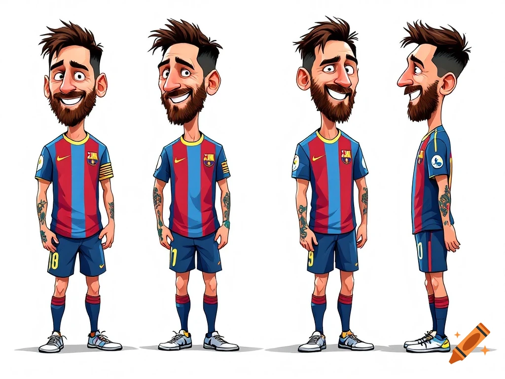 A cartoon illustration of Lionel Messi in a soccer uniform, shown in ...
