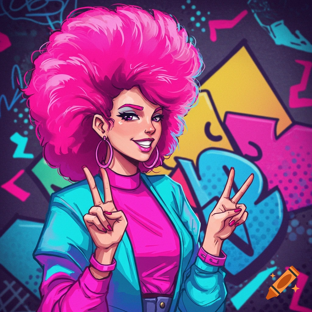 Cartoon woman with bright pink hair in 80s style clothing gives peace ...
