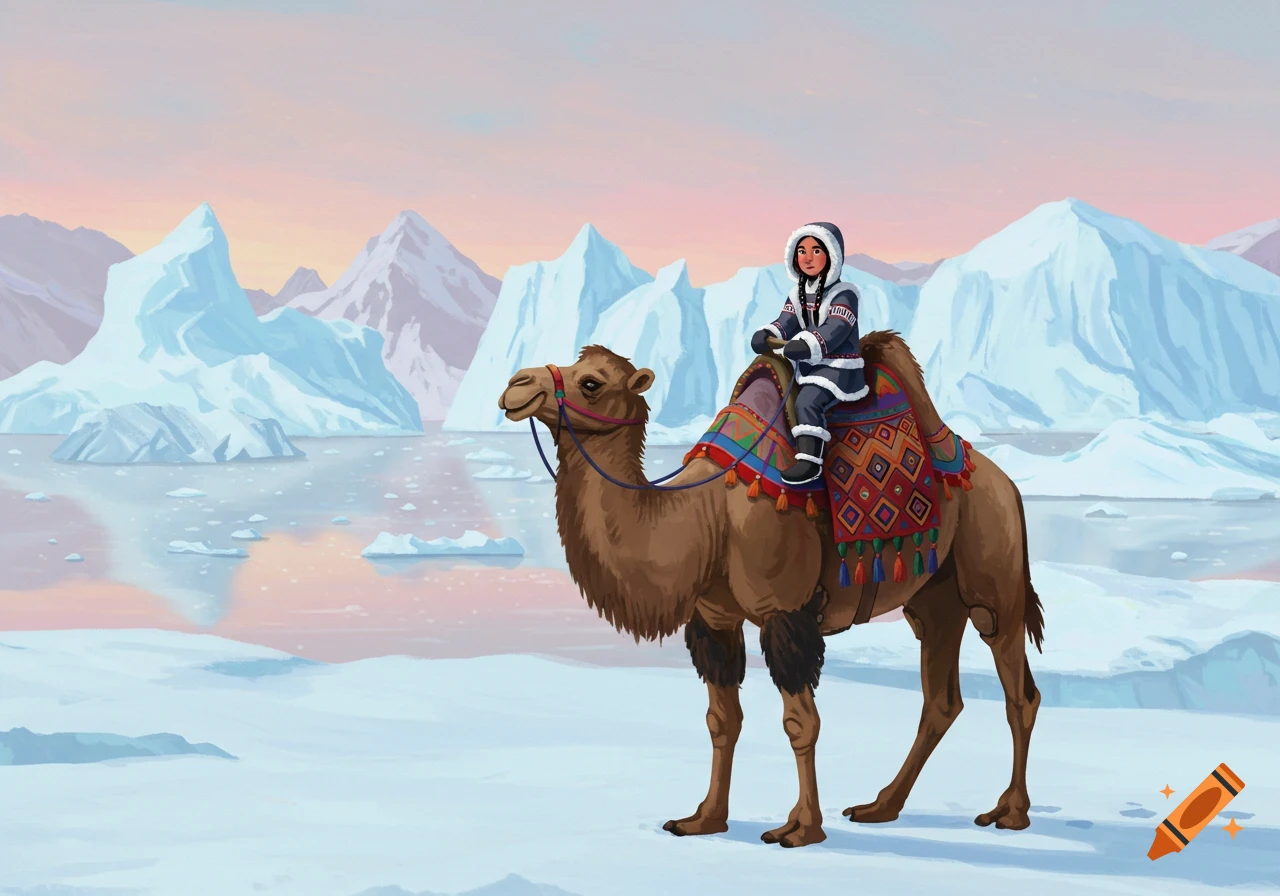 Person in arctic clothing rides a camel through an icy landscape at ...