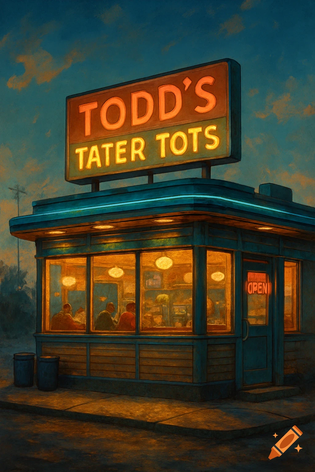 Retro diner called Todd's Tater Tots lit up at night with people inside ...