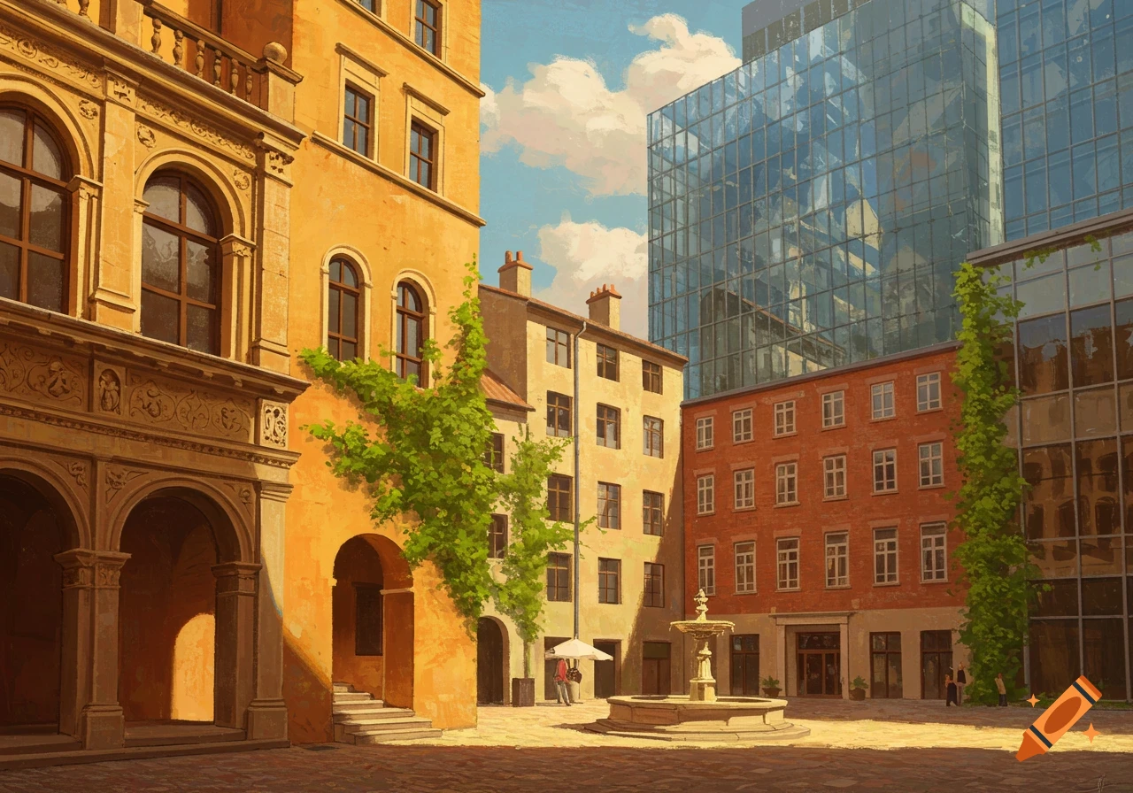 A painted courtyard with yellow and red buildings, a fountain, and a ...