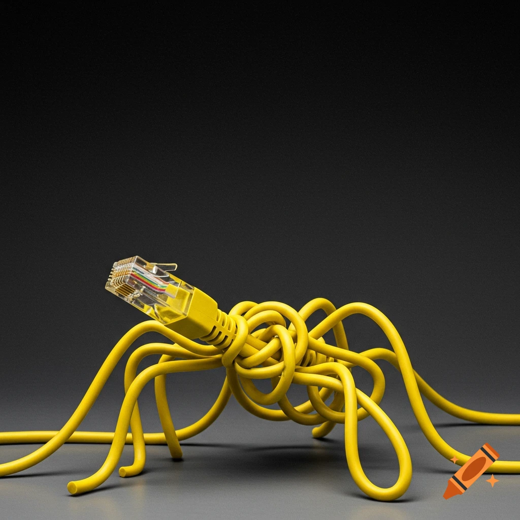A yellow Ethernet cable is twisted and shaped to resemble a spider ...