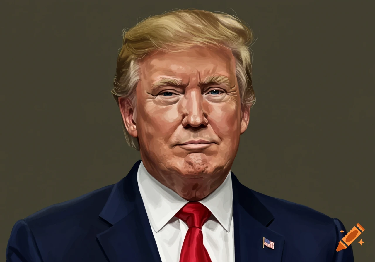 Portrait of a man resembling Donald Trump wearing a suit and red tie in ...