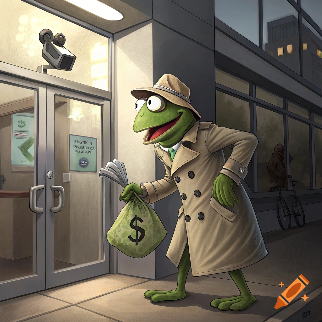 Cartoon frog in a trench coat and hat holding a money bag outside a ...