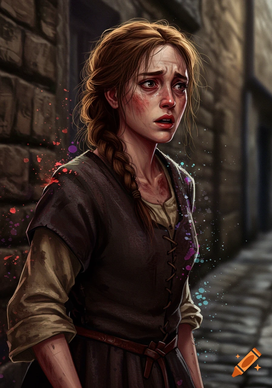 An illustration of a scared medieval woman with messy hair and dirty ...