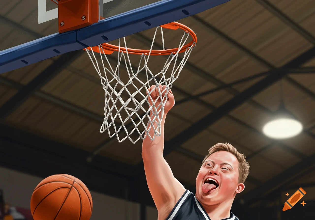 A person with Down Syndrome dunking a basketball and sticking out their ...