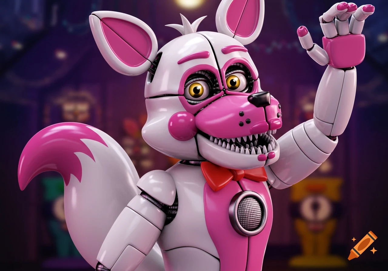 Funtime Foxy animatronic from FNAF raising a hand on a stage on Craiyon