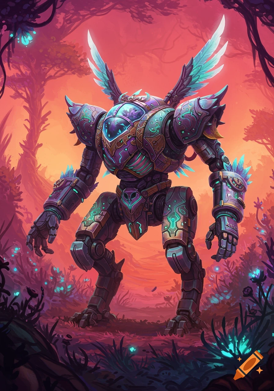 An ornate fantasy mech stands in a glowing forest. on Craiyon
