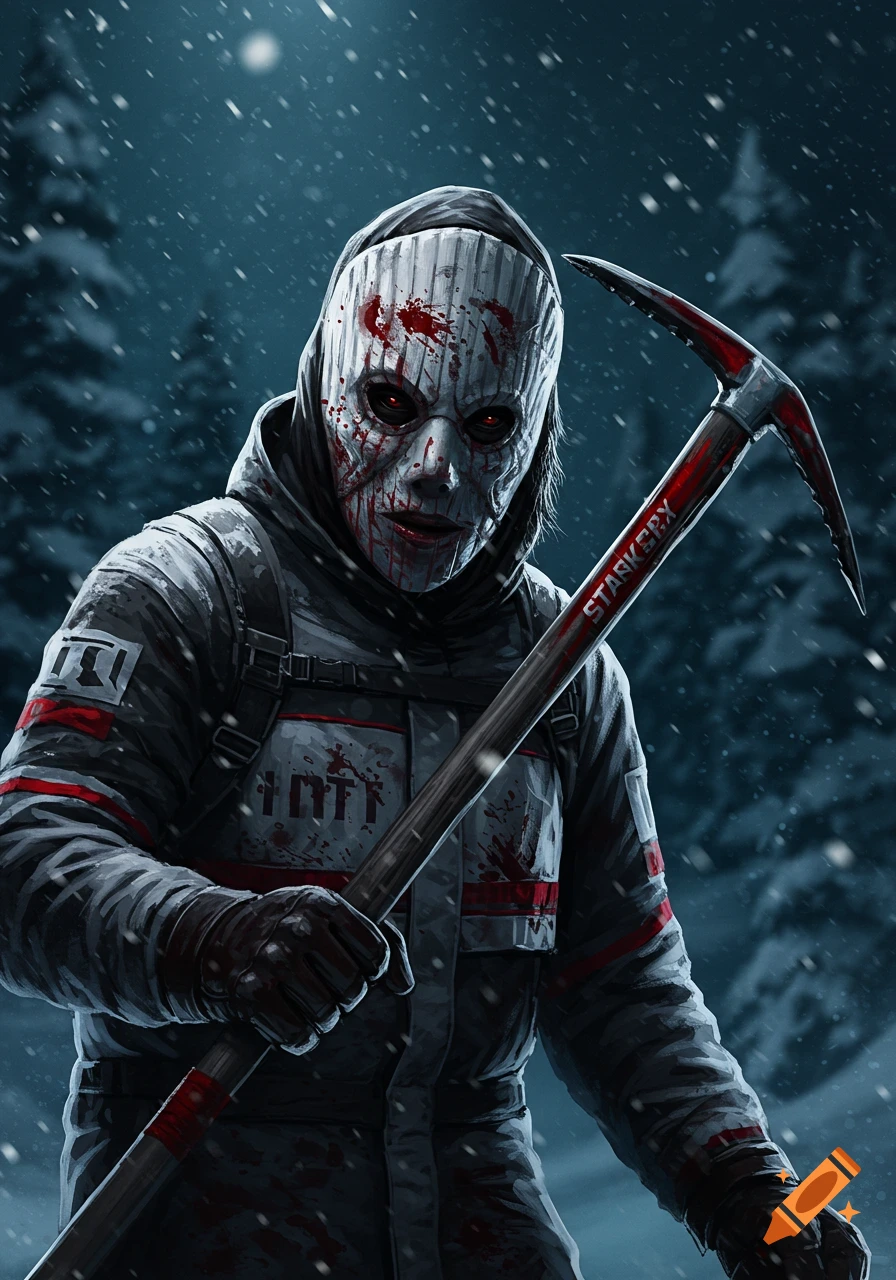 A masked slasher killer covered in blood holds a bloody ice pick in a ...