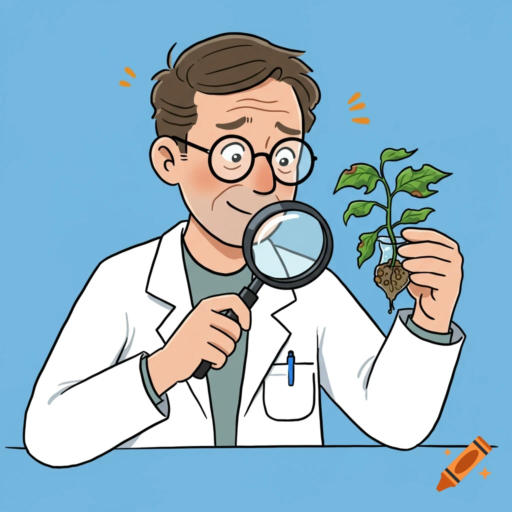Cartoon of a scientist in a lab coat examining a sick plant with a ...