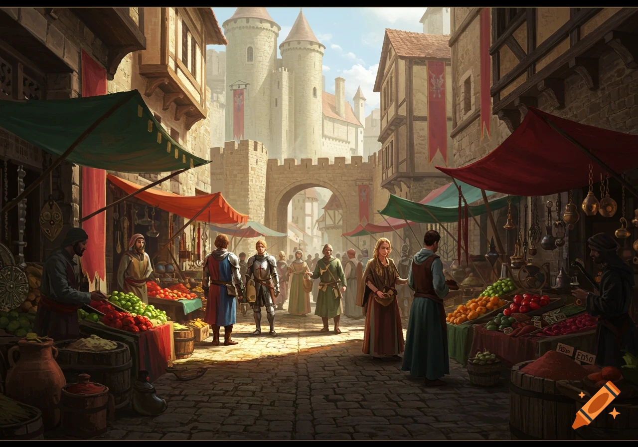 Busy medieval marketplace scene with people browsing stalls, a castle ...