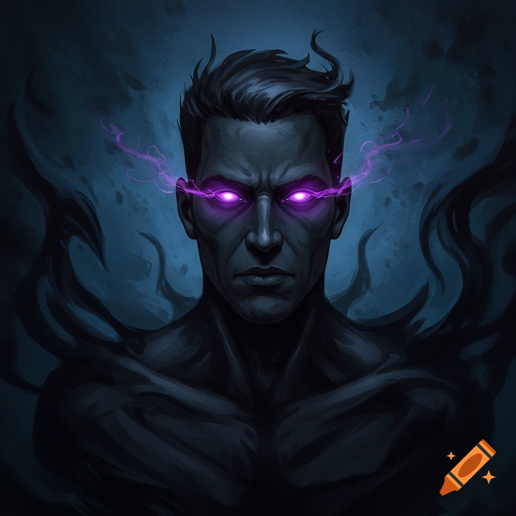 Dark fantasy portrait of a man made of shadow with glowing purple eyes ...