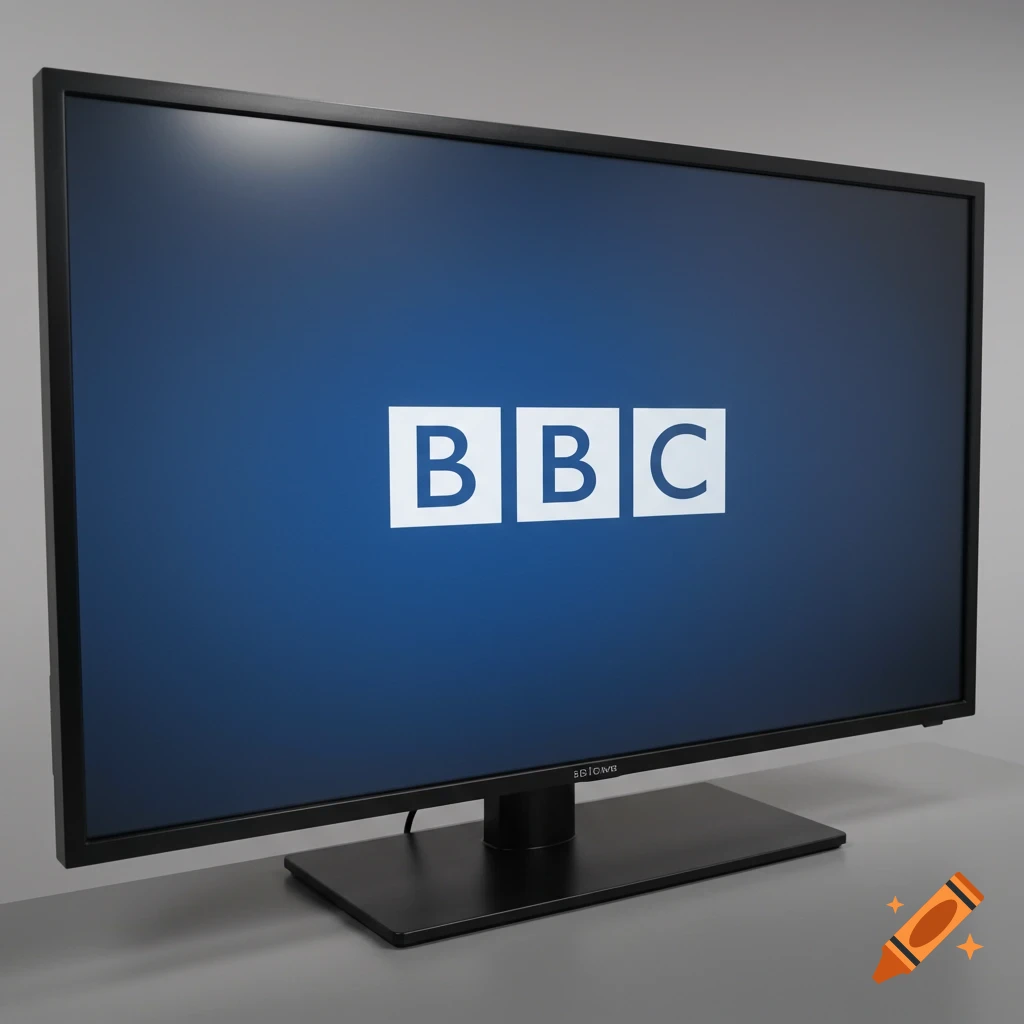 A flat-screen television displays the BBC logo on a dark blue screen ...