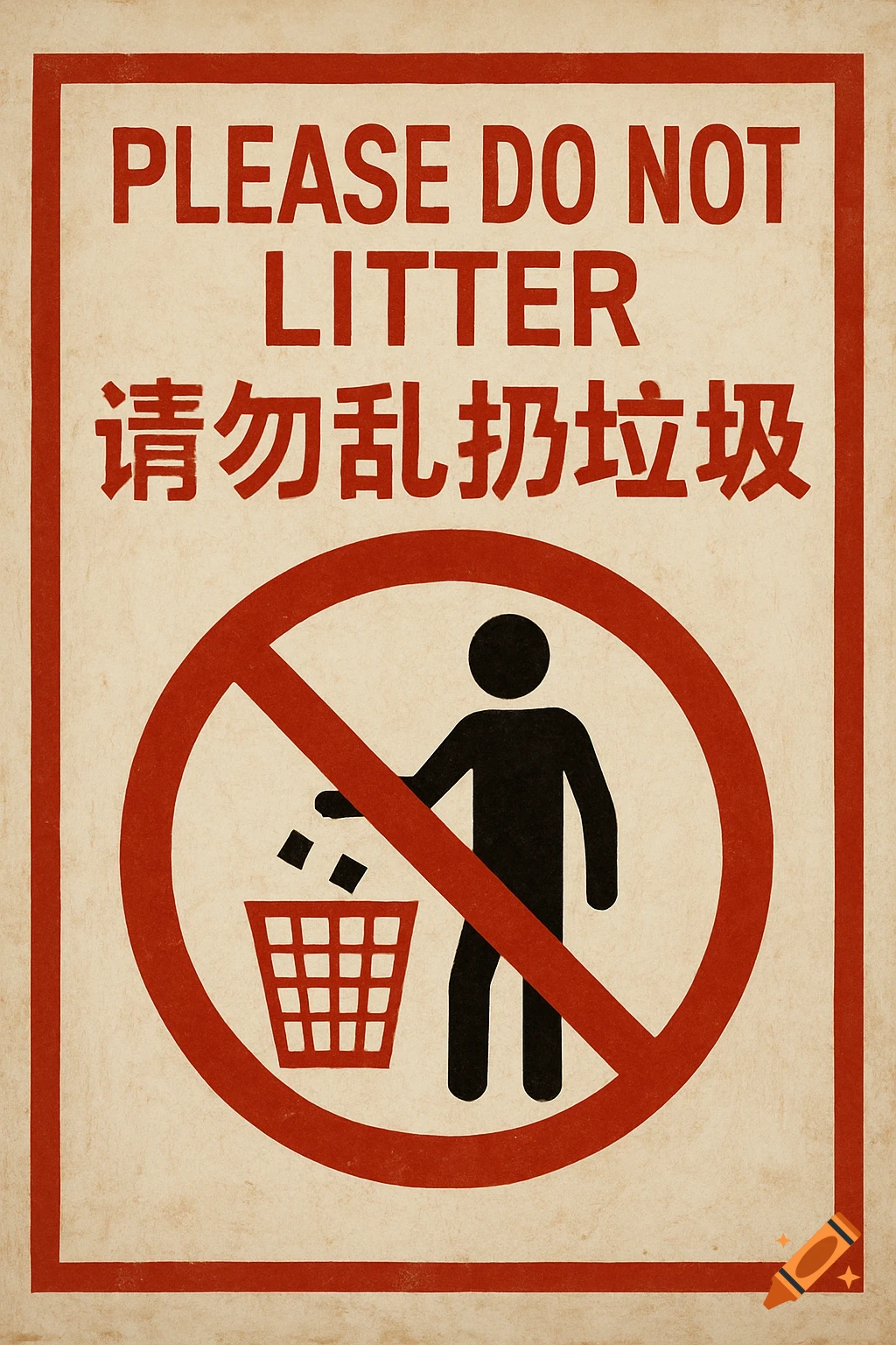 Red and white sign with 'PLEASE DO NOT LITTER' and Chinese text above a ...