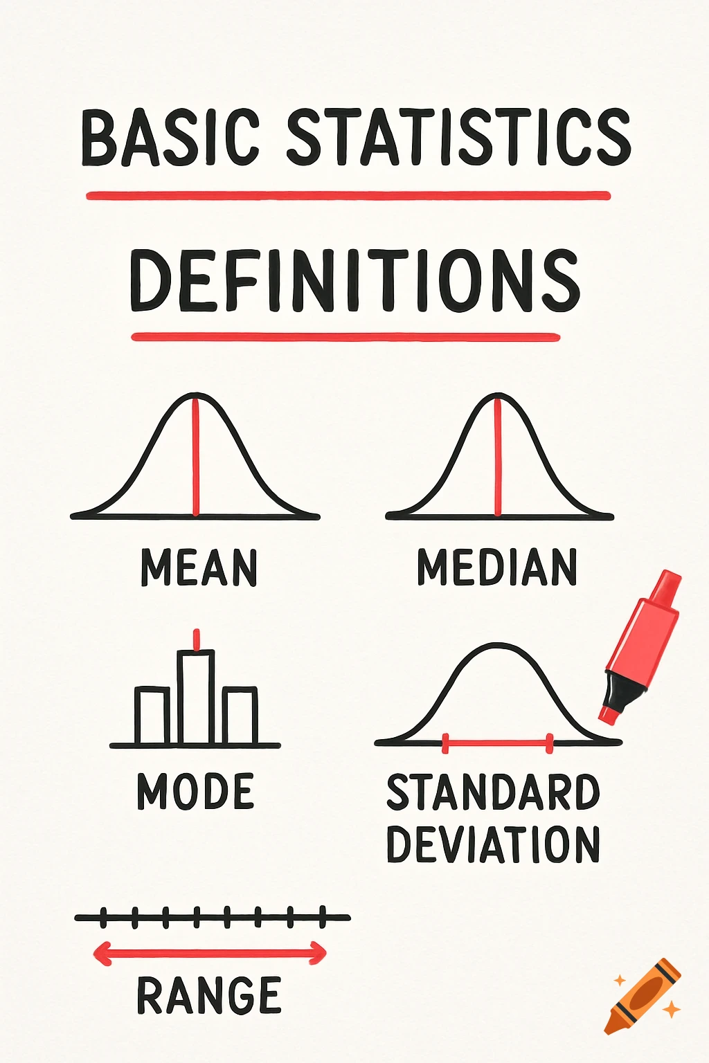 Diagrams defining basic statistics terms: Mean, Median, Mode, Standard ...