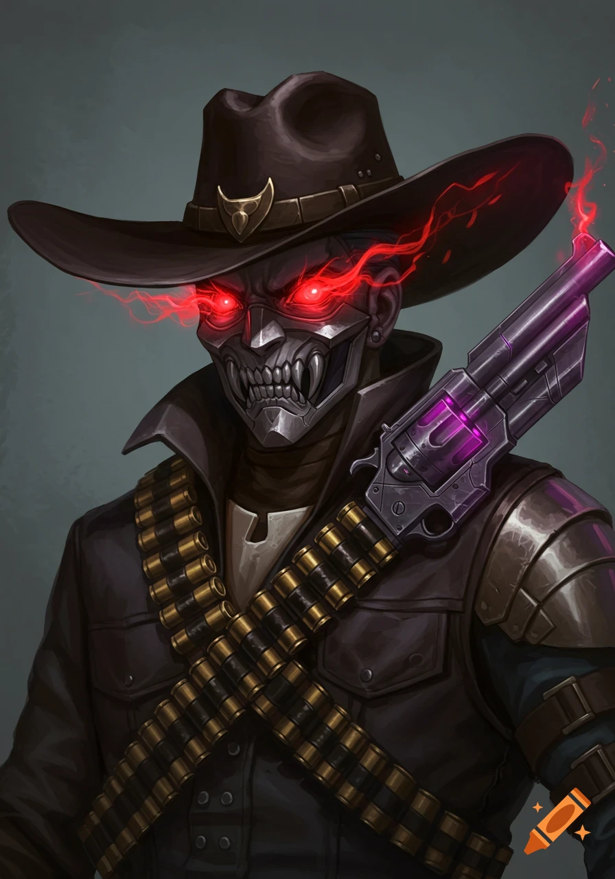 Digital painting of a person wearing a cowboy hat, metal mask, and ...