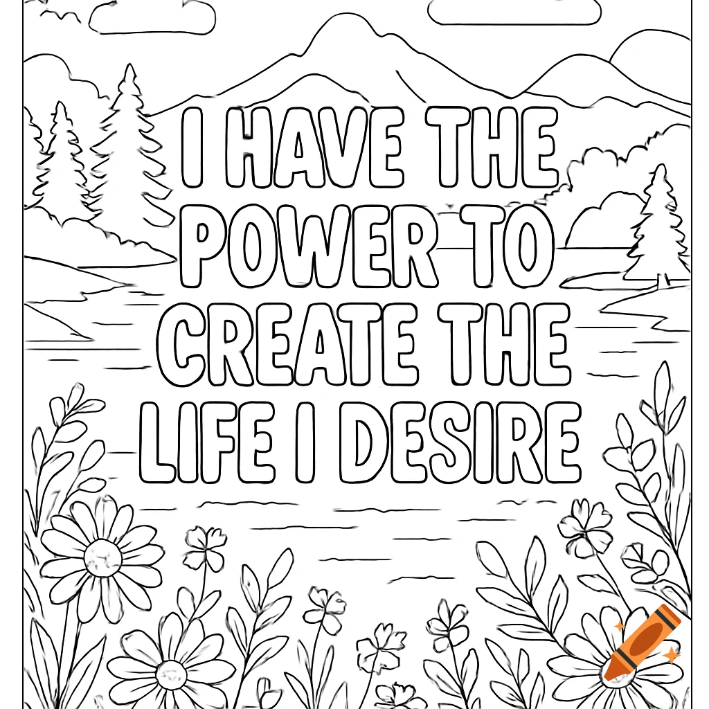 Coloring page with a motivational quote and nature scene. on Craiyon
