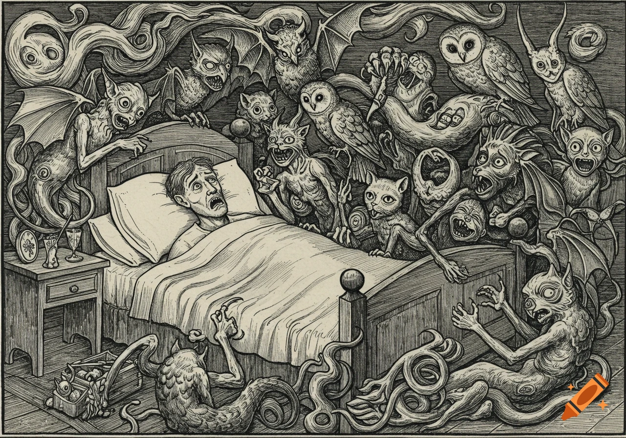 Man in bed tormented by bat, owl, and cat-like demons in a black and ...
