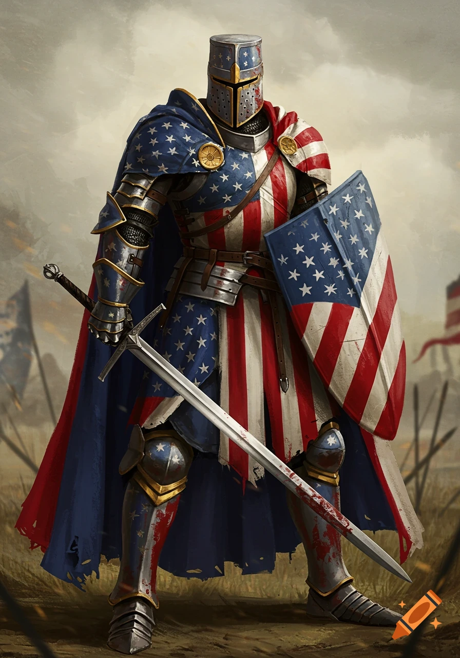 A knight in armor decorated with the American flag holds a sword and ...