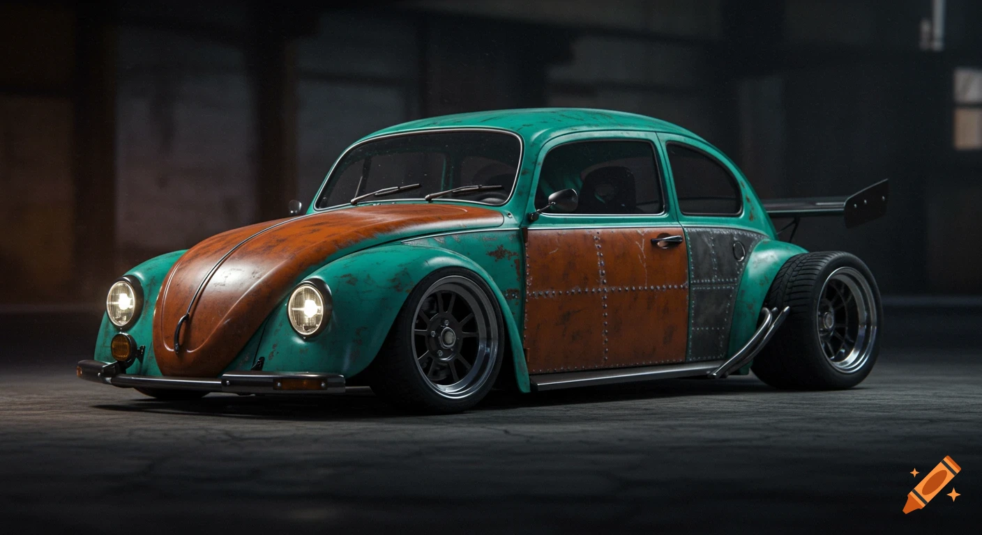 Teal and rust VW Beetle rat rod with wide tires and spoiler on Craiyon