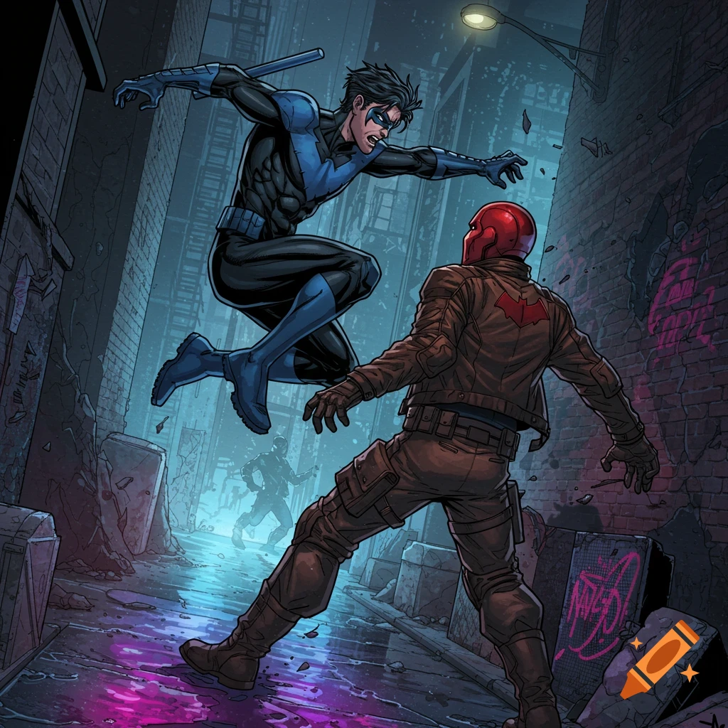 Nightwing jumps towards Red Hood in a comic book style alley fight on ...