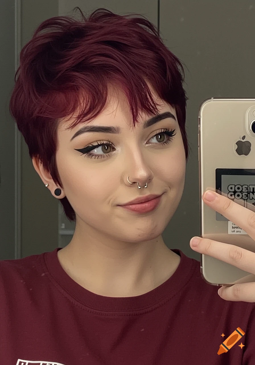 Young woman with short maroon hair taking a selfie. on Craiyon
