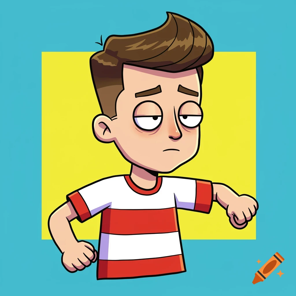A cartoon boy with a quiff and droopy eyes wears a striped shirt ...