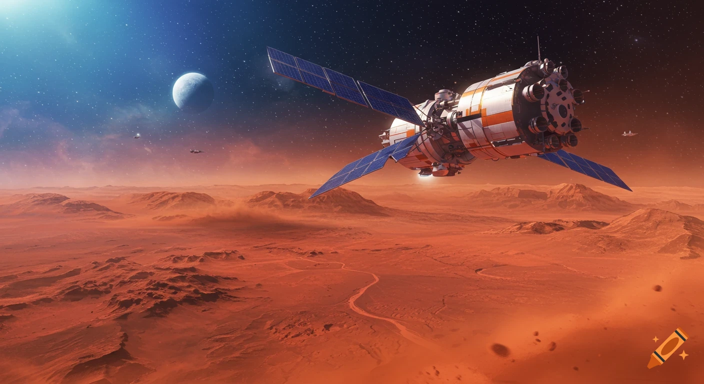 Spacecraft orbiting a red planet surface under a starry sky with a moon ...