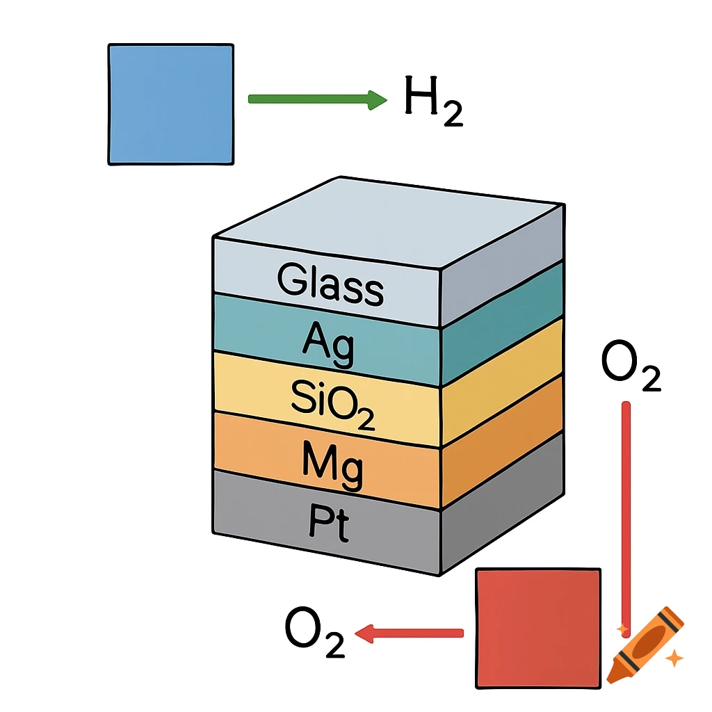 Diagram of a multilayer stack with Glass, Ag, SiO2, Mg, Pt layers ...