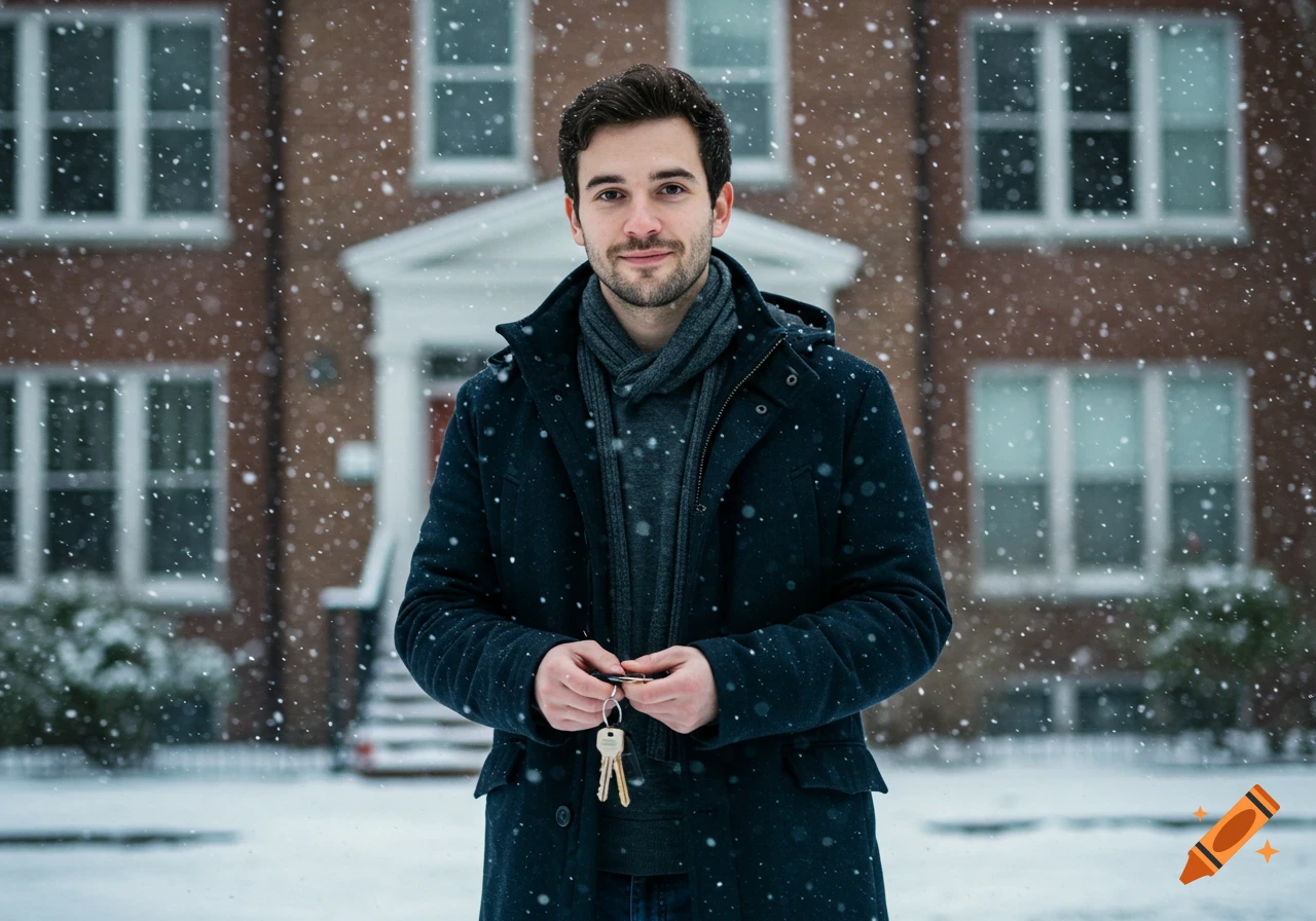 A man holding keys in the snow outside a brick building. on Craiyon