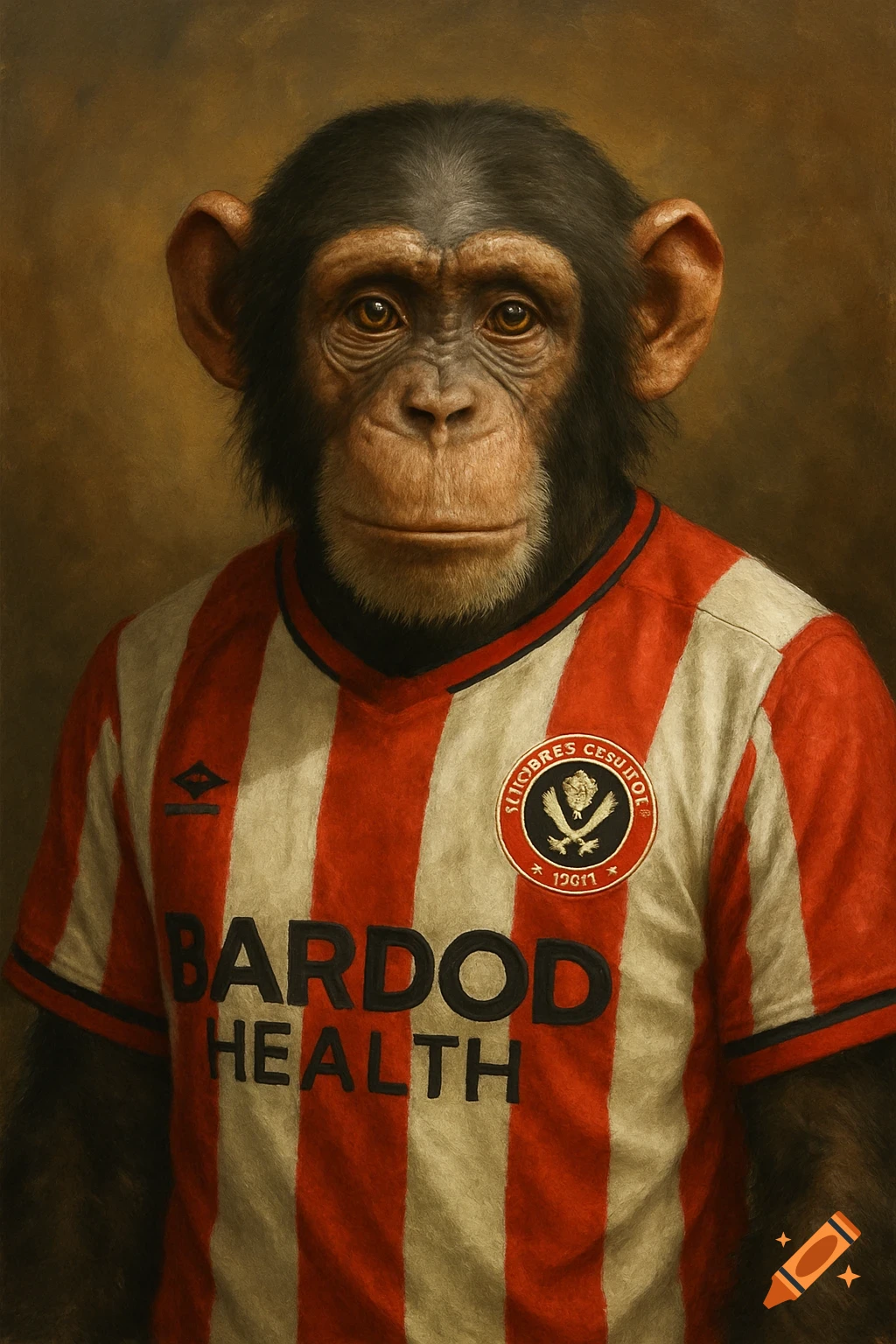 Portrait of a chimpanzee wearing a red and white striped football shirt ...