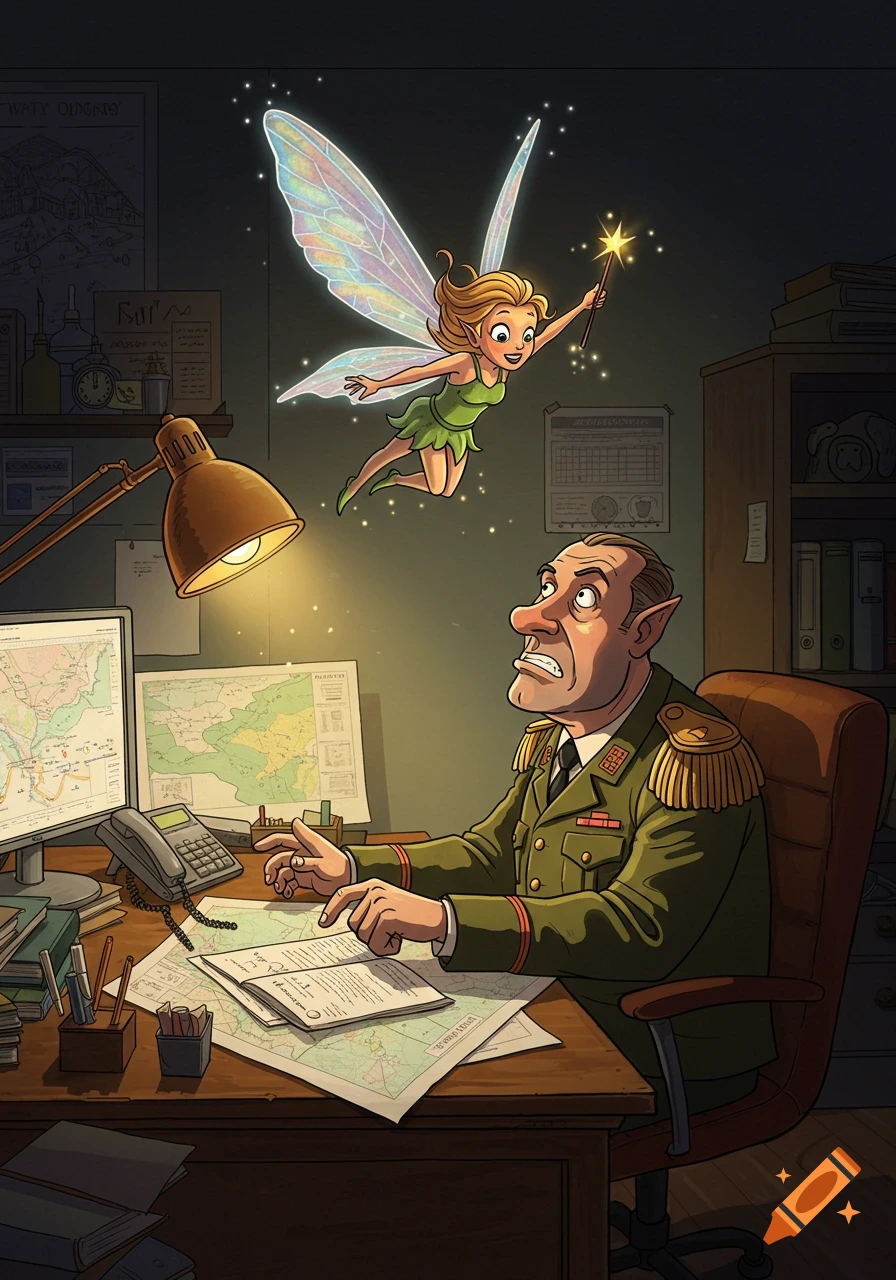 An illustration of a fairy flying over a surprised military general ...