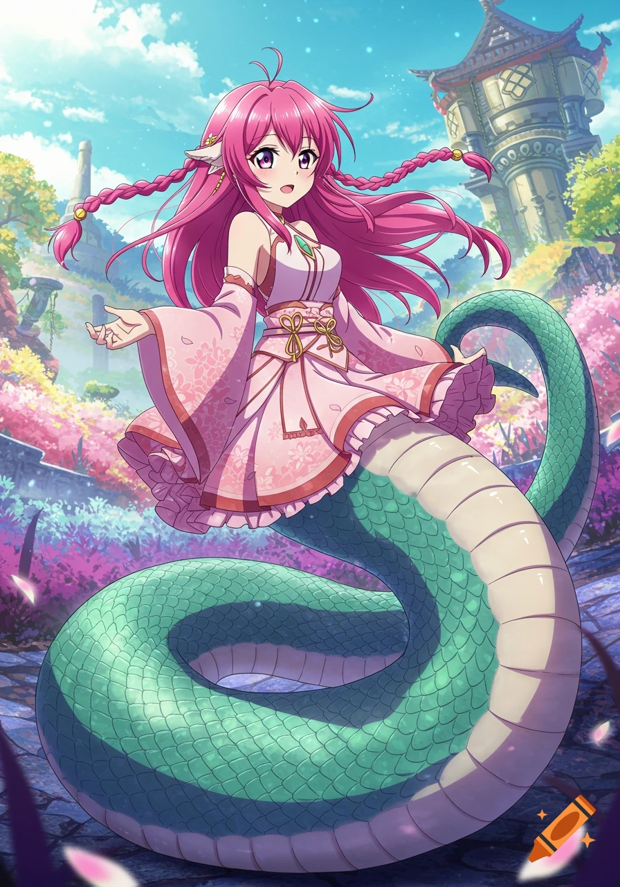 Anime girl with pink hair and a snake tail stands in a fantasy ...