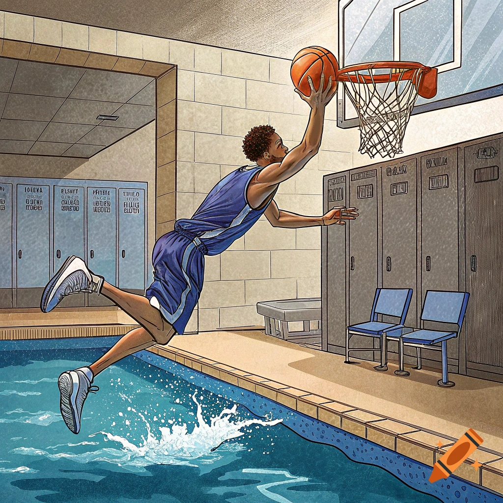 Illustrated basketball player jumps into a pool near a hoop, about to ...