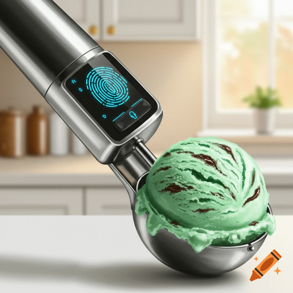 Ice cream scoop with fingerprint lock holding a scoop of mint chocolate ...