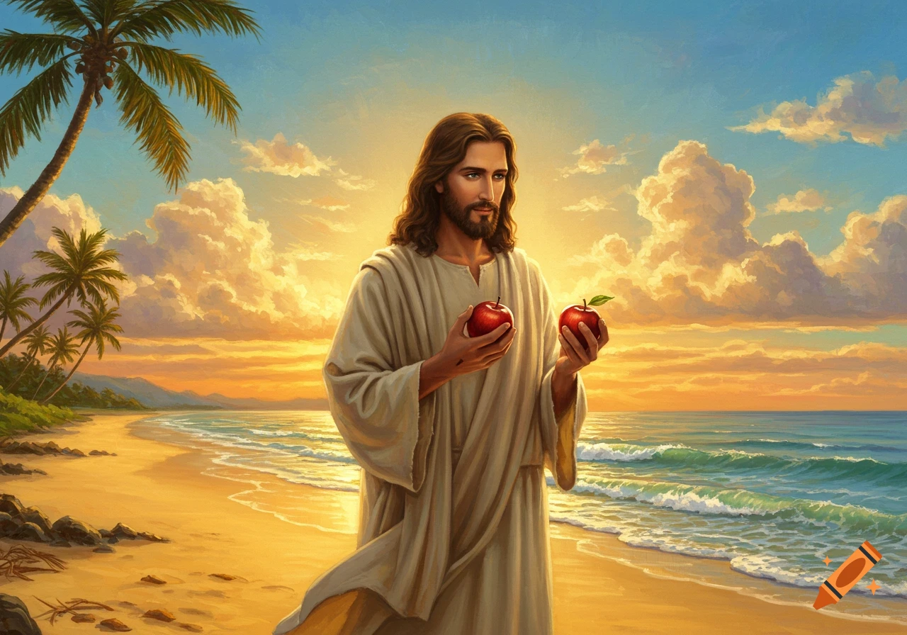 Jesus holding two red apples on a sandy beach at sunset, digital ...