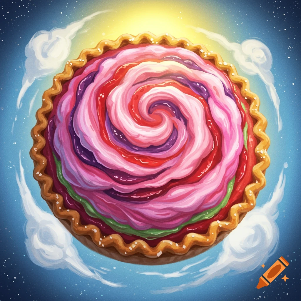 A vibrant fruit pie floats in space like a planet, surrounded by clouds ...