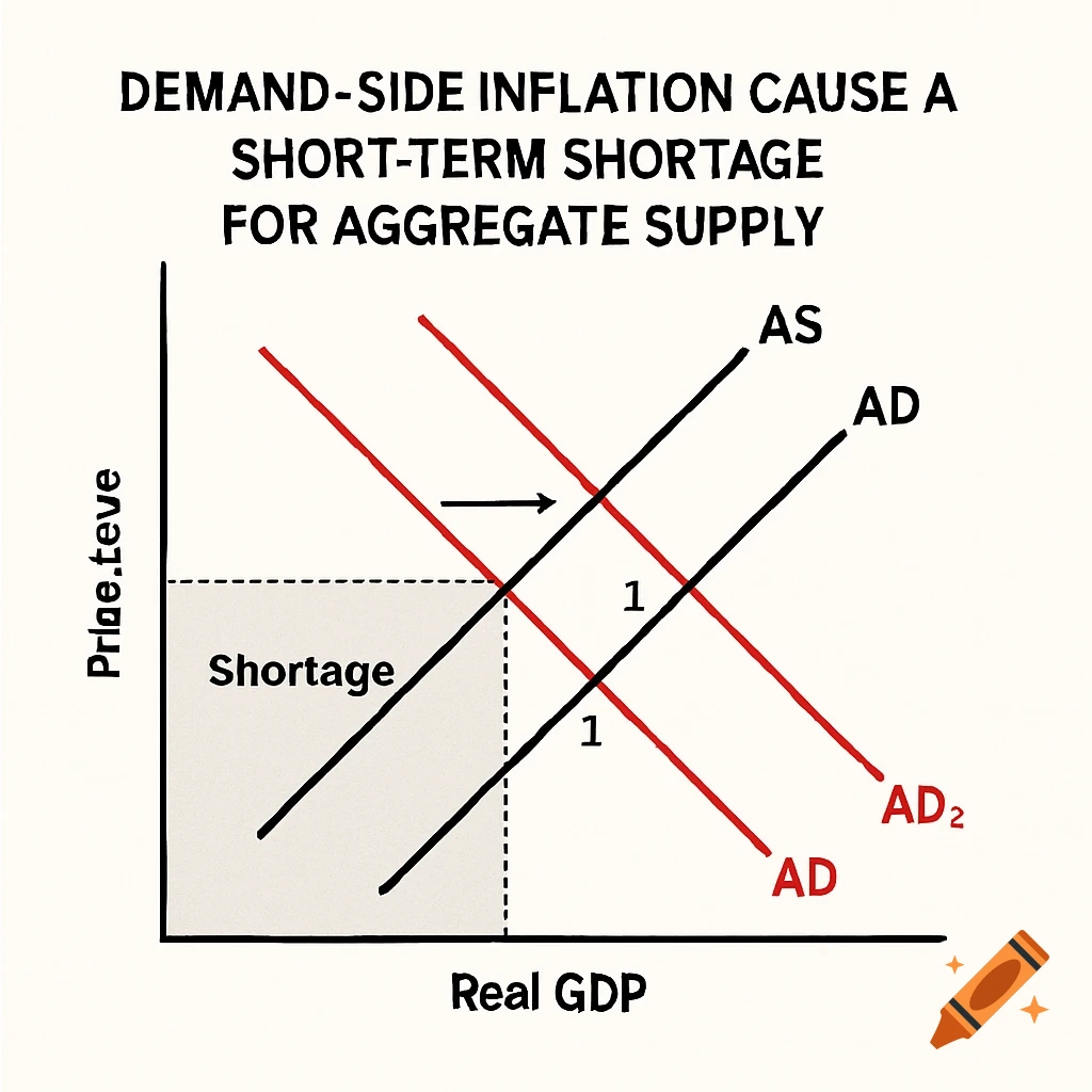 An economics graph showing aggregate demand and supply curves and a ...